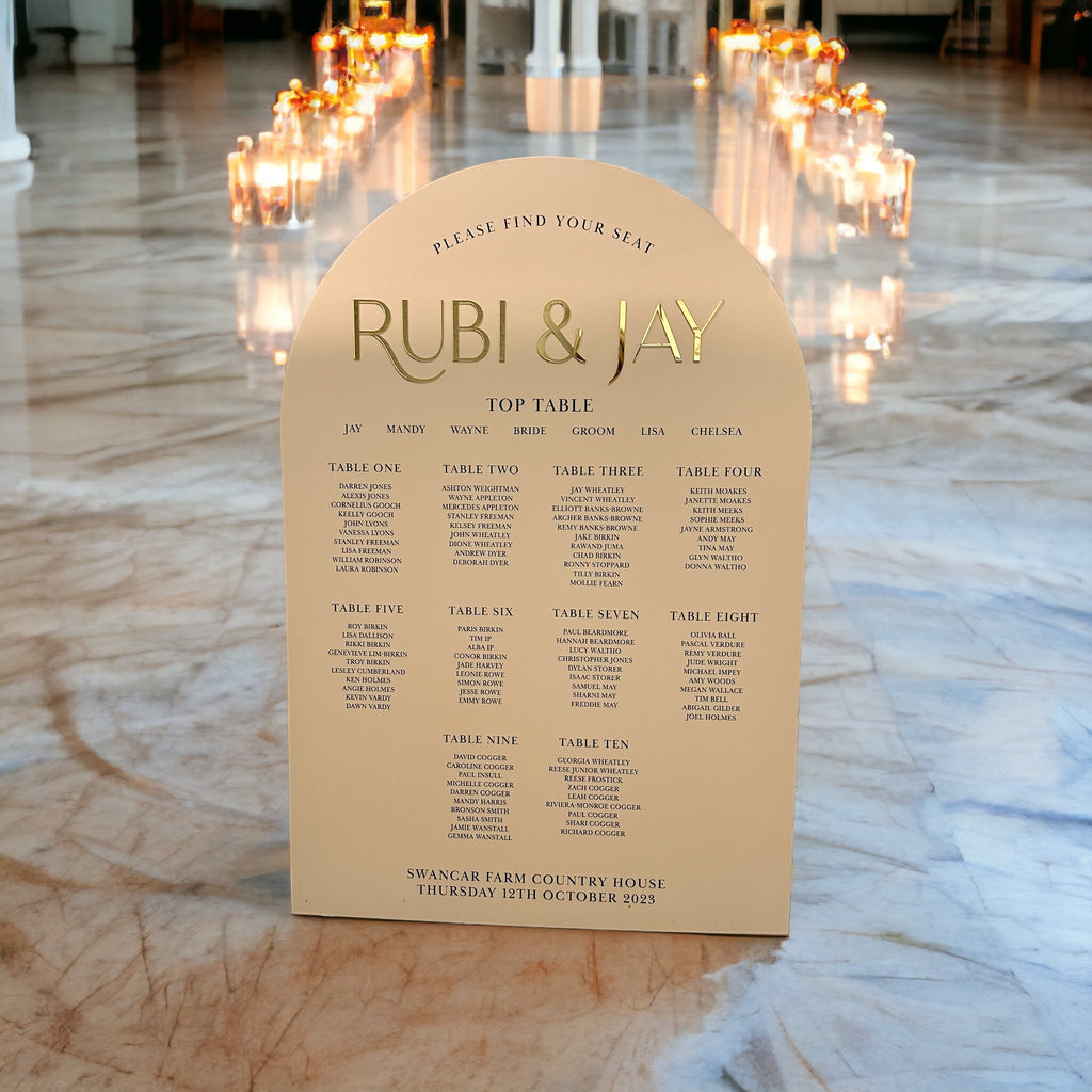 Beige & Gold Wedding Table Plan With Mirror Names – Wedding Lux